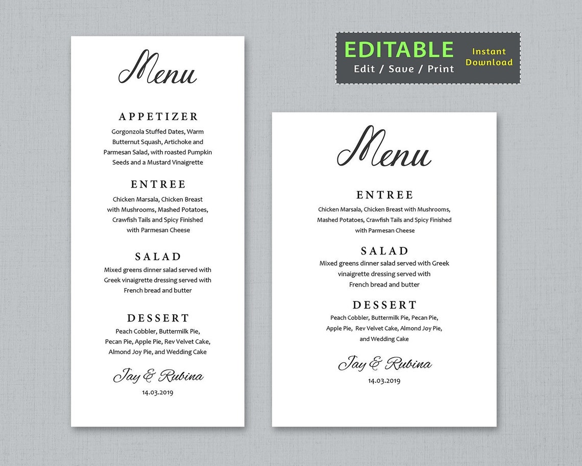 Editable Wedding Menu Template Modern Wedding Menu Card - Etsy