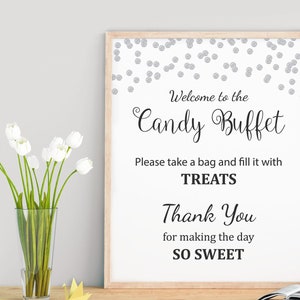 Candy Buffet Sign, Printable Candy Bar Sign, Silver Confetti Table Sign ...