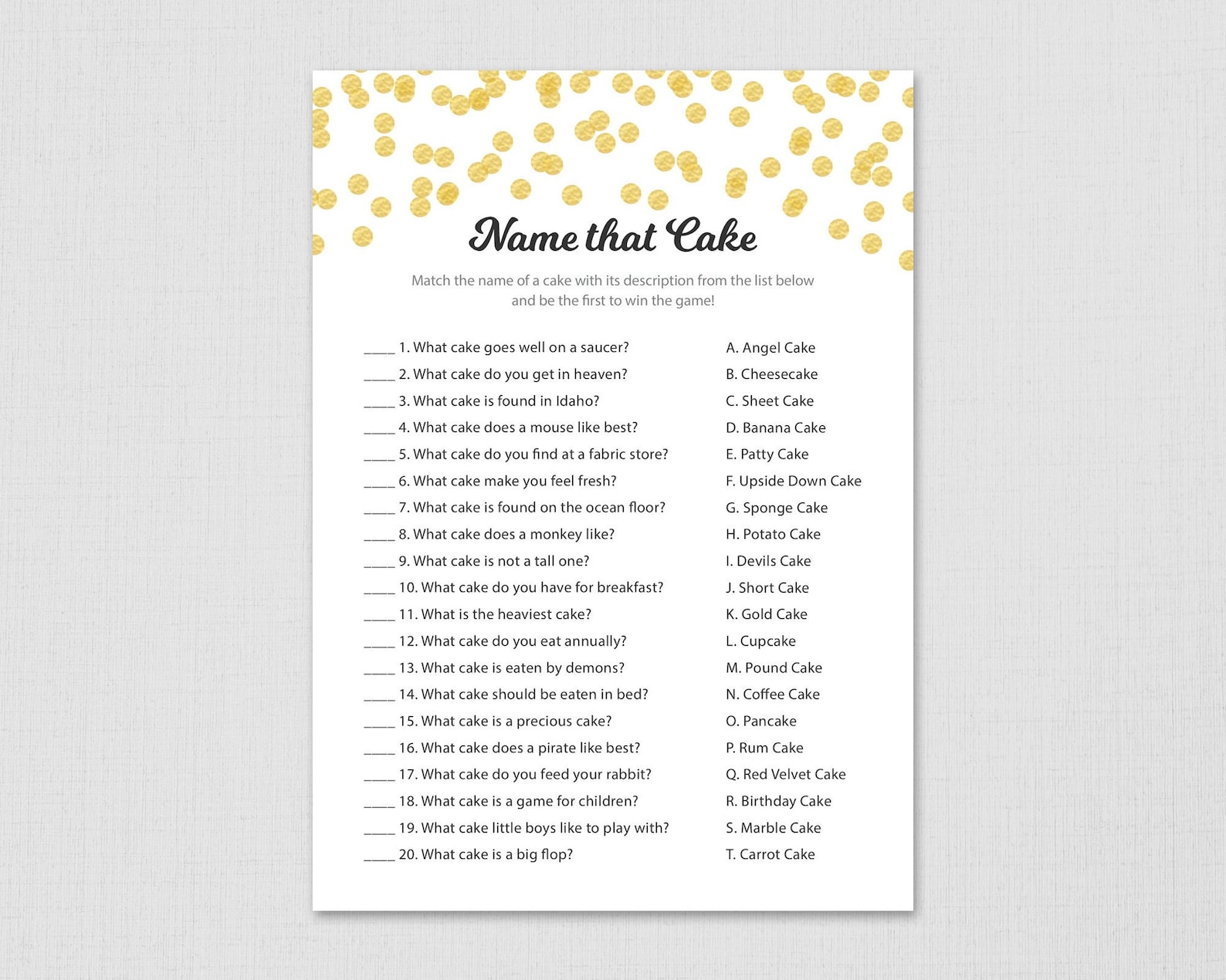 Name That Cake, Guess the Cake, Gold Confetti Name That Wedding Cake ...