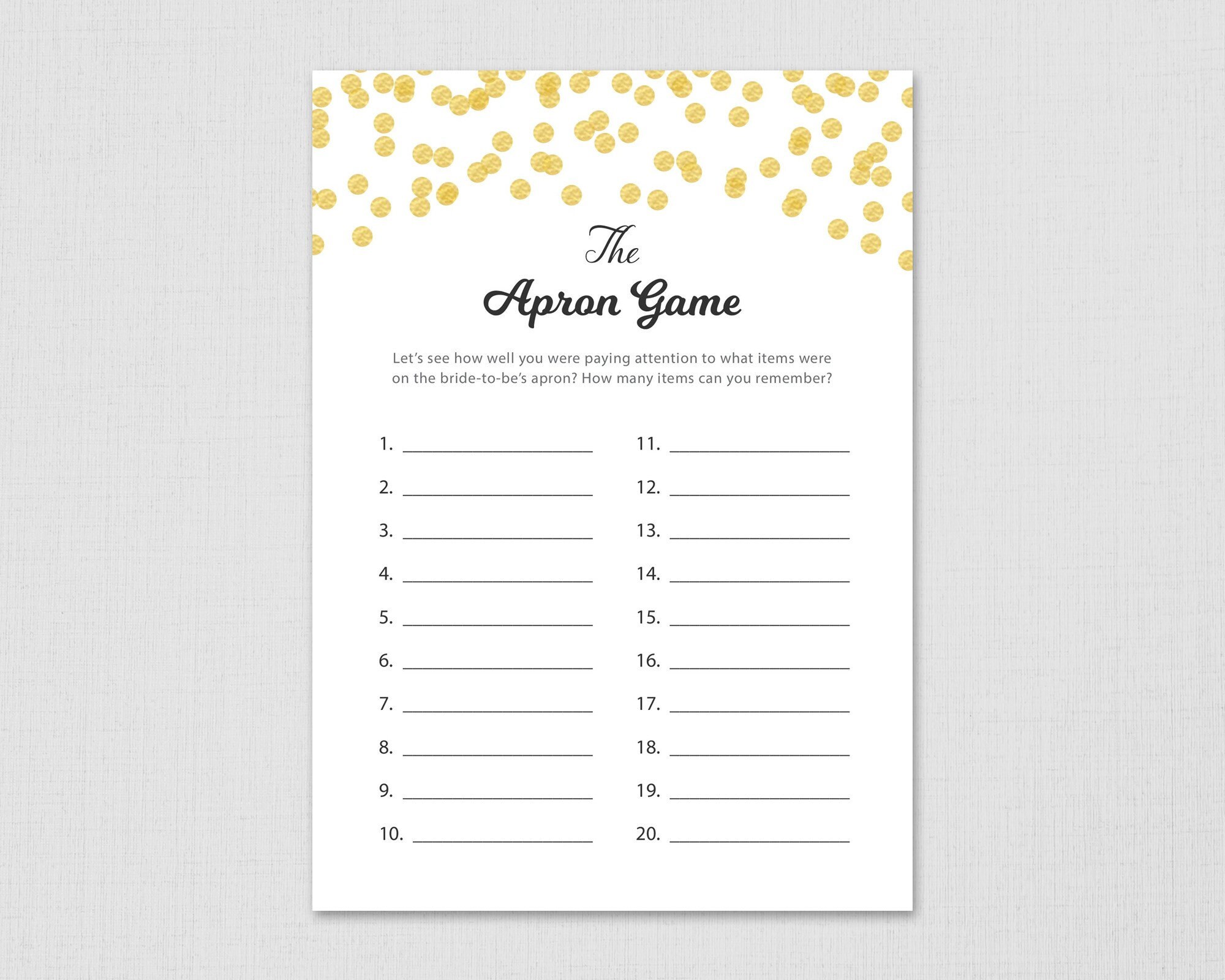 The Apron Game Printable Gold Confetti Bridal Shower Memory - Etsy