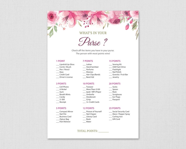 Whats in Your Purse Game Printable Pink Floral Watercolor - Etsy