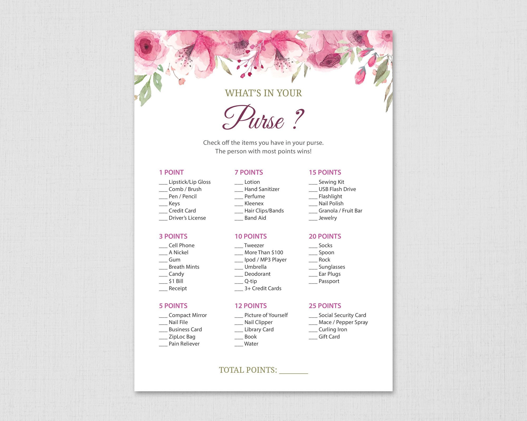 Whats in Your Purse Game Printable Pink Floral Watercolor - Etsy