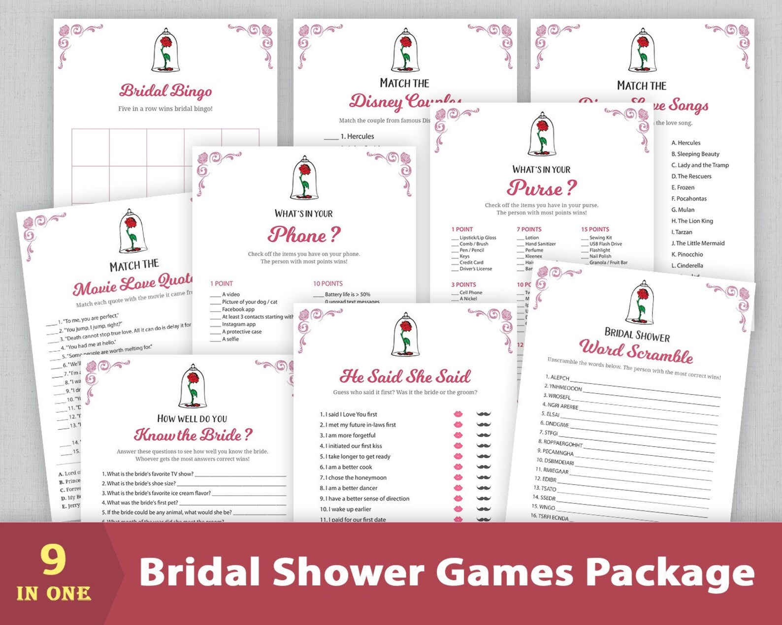 Rose Bridal Shower Games Package Beauty and the Beast Bridal | Etsy