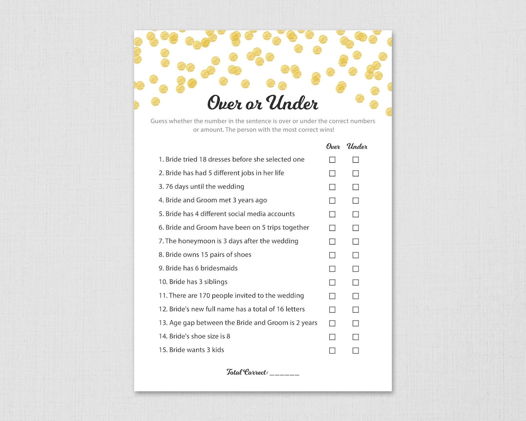 Over or Under Bridal Shower Games Printable, Bachelorette Game, Over or ...