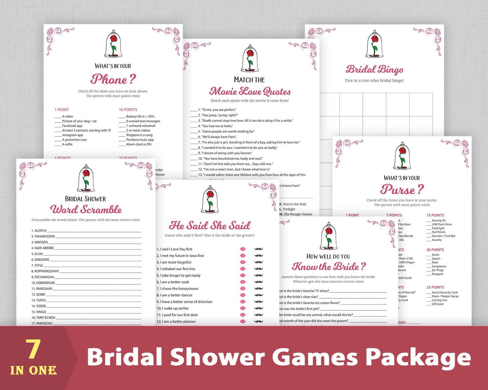 Rose Bridal Shower Games Package, Beauty and the Beast, Bridal Shower ...