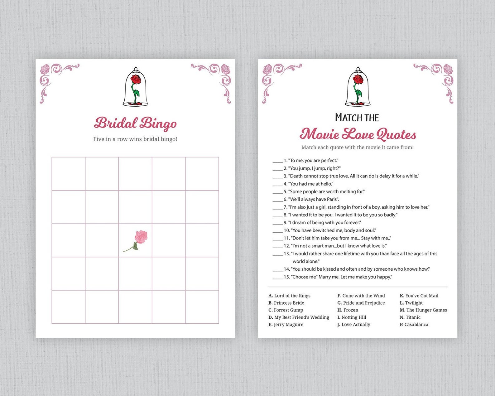 Rose Bridal Shower Games Package, Beauty and the Beast, Bridal Shower ...