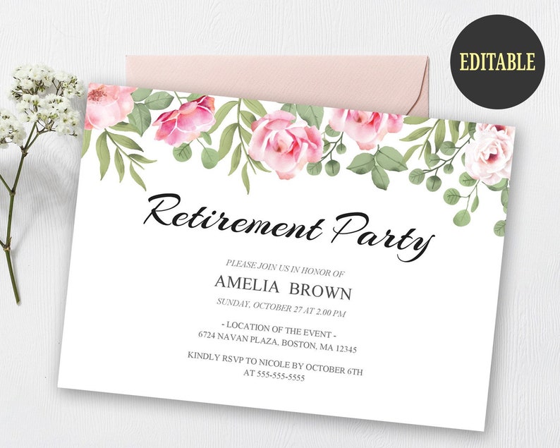 Editable Retirement Party Invitation Template, Floral DIY Farewell ...