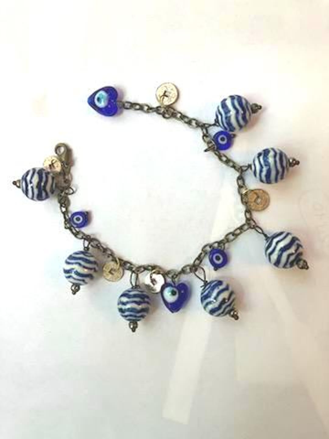 Charming Blue Chinese Porcelain Evil Eye and Tiny Coin Charm Bracelet ...