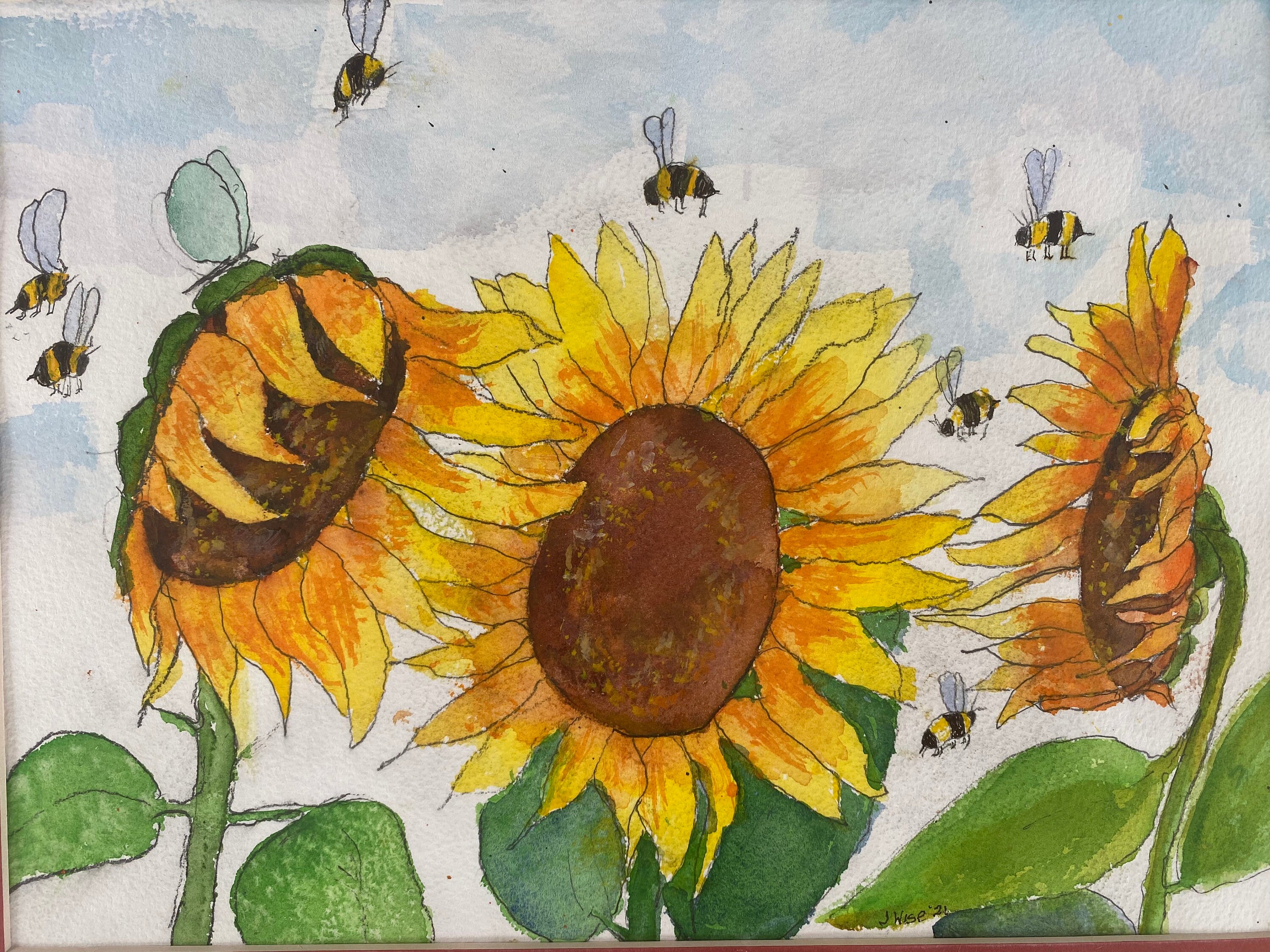 Sunflower & Bees 2-watercolor Painting - Etsy