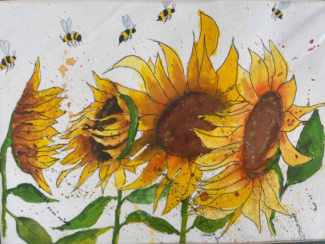 Sunflower & Bees #3-watercolor Painting - Etsy