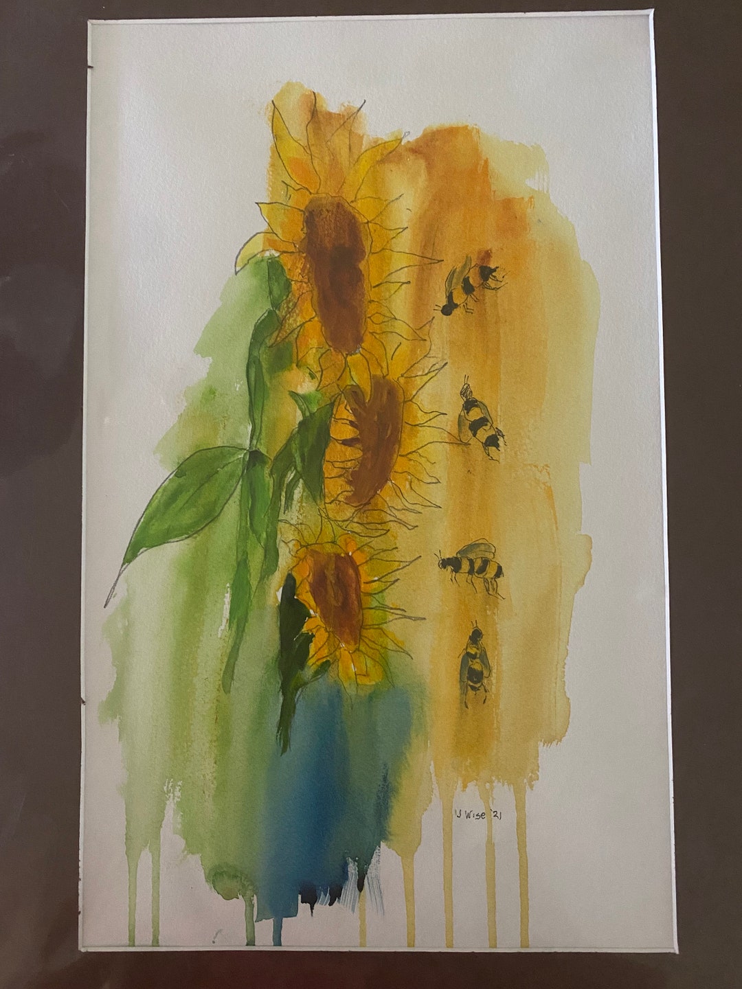 Sunflower & Bees 1-watercolor Painting - Etsy