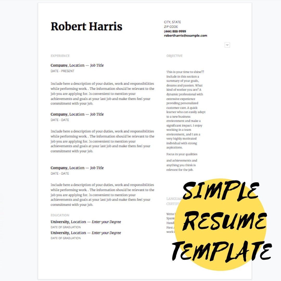 Simple Resume Template - Etsy