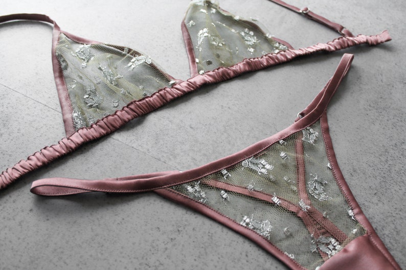 Sheer Lace Bralette Silk Satin and French Lace Bra Transparent Lingerie ...