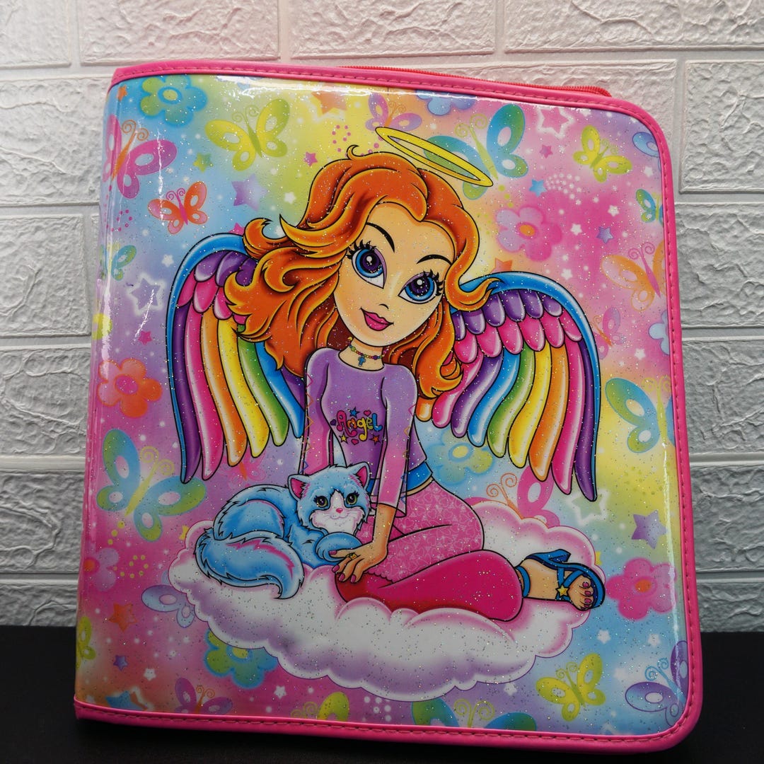 Vintage Pink Lisa Frank Angel Girl With Cat on Cloud 3 Ring Puffy ...