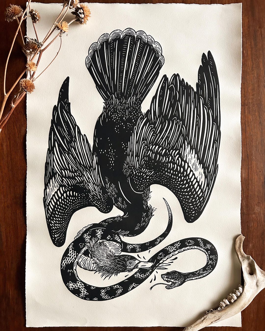 Anhinga and Water Moccasin, Original Linocut Print, Limited Edition XL ...