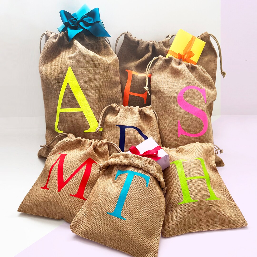 Alphabet Letter Jute Gift Sacks, Holiday Gift Bags, Santa Sacks, Burlap ...