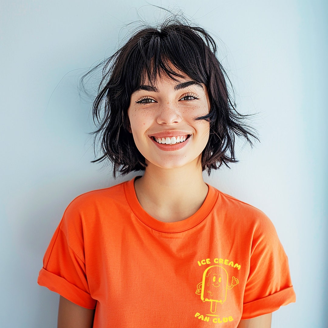 Retro Ice Cream Fan Club T-shirt, Unisex Tee, Yellow Print on Orange T ...