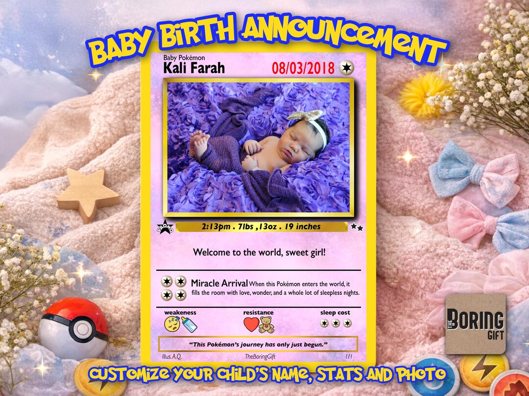 Pokemon Baby Announcement Card Featuring Name and Birth Stats - Etsy