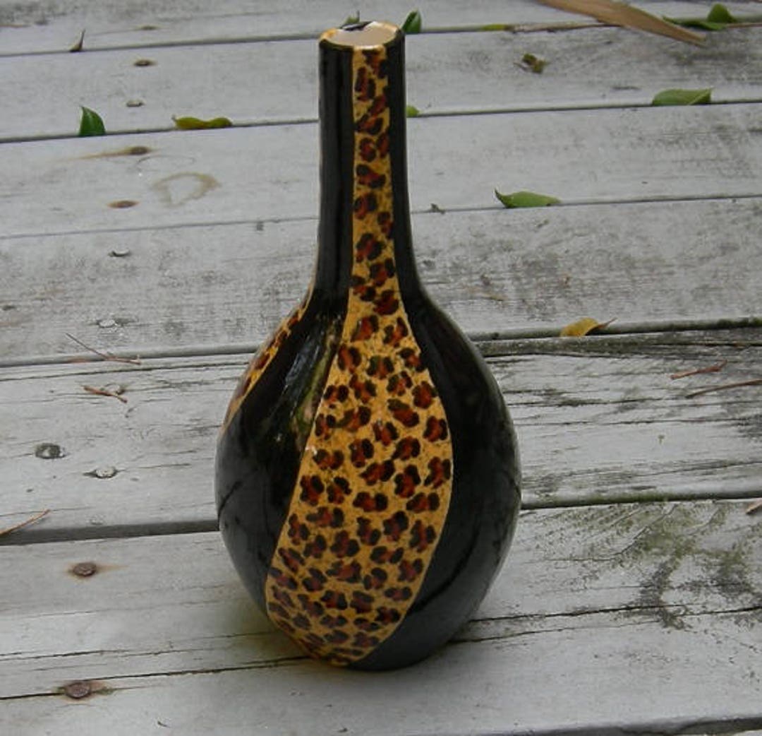 Custom Exotic LEOPARD PRINT/ Mirror Black Bottle Vase, Long-necked ...