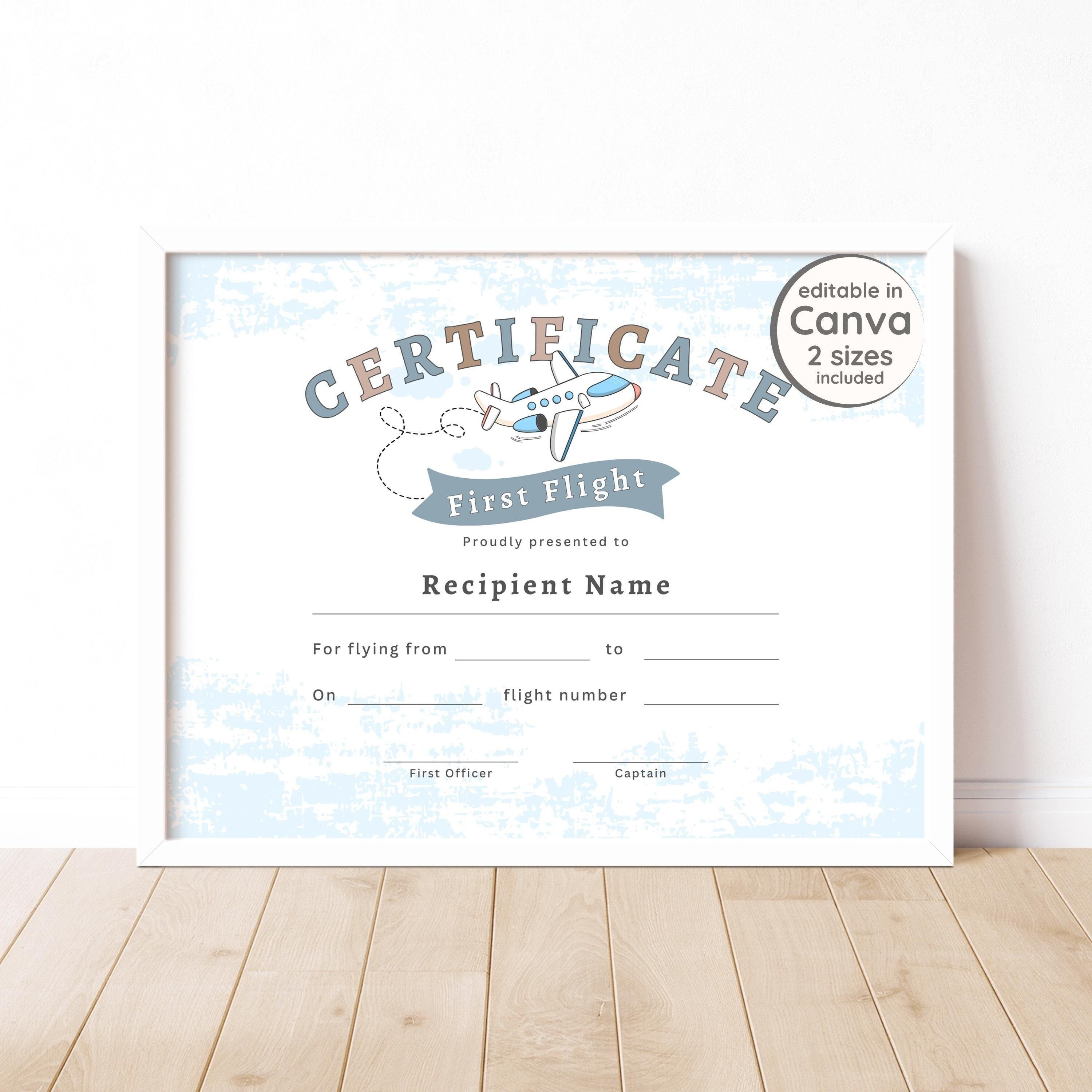 First Flight Certificate for Kids, Editable Toddler's First Flight ...