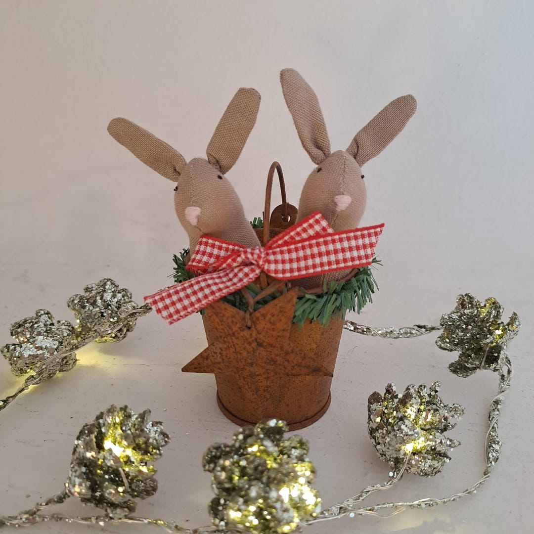 Bucket Full of Bunnies Two Tiny Handmade Tilda Rabbits in a Rusty Tin ...