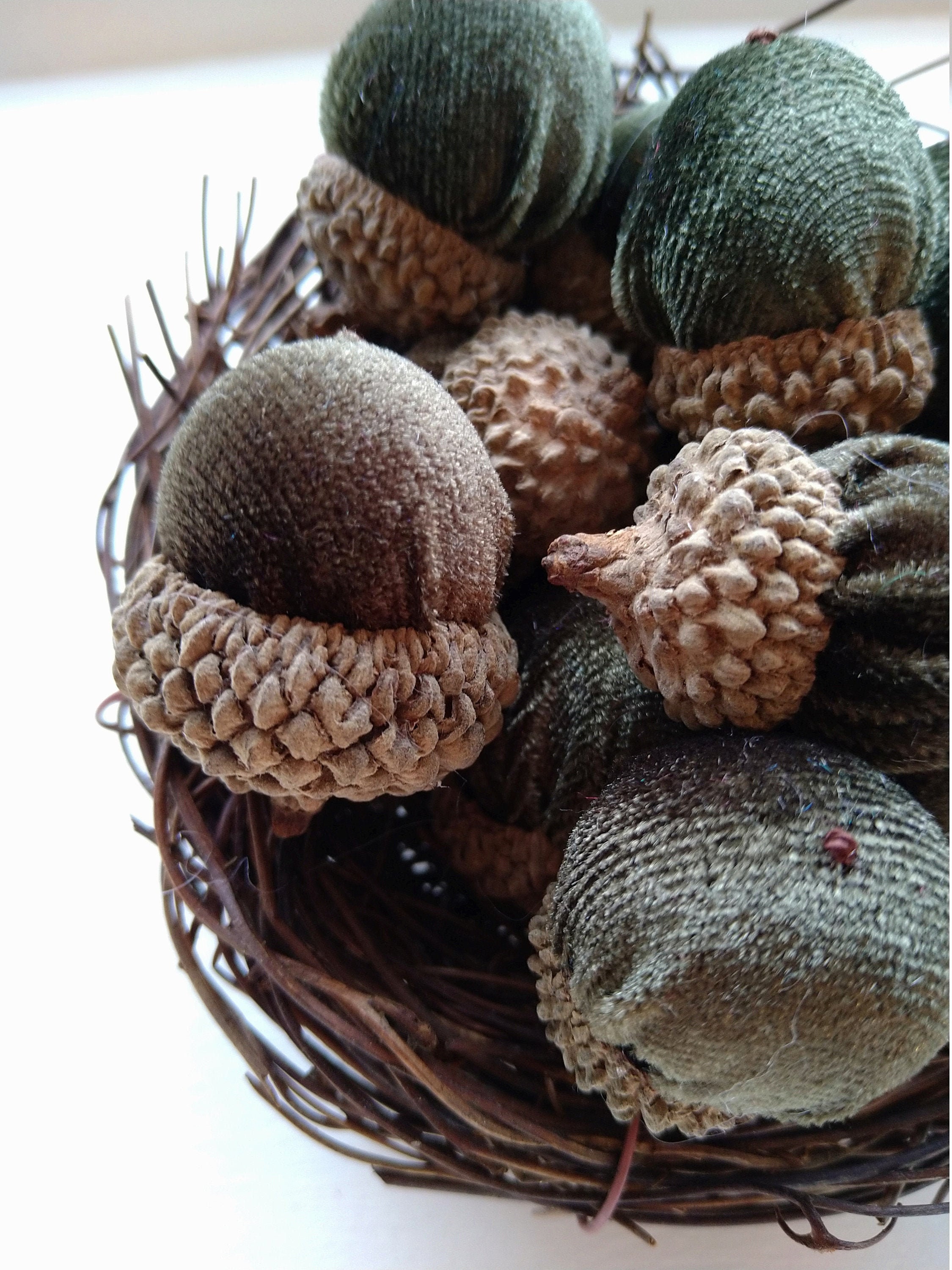 Six handmade khaki green velvet acorns with real acorn cups | Etsy