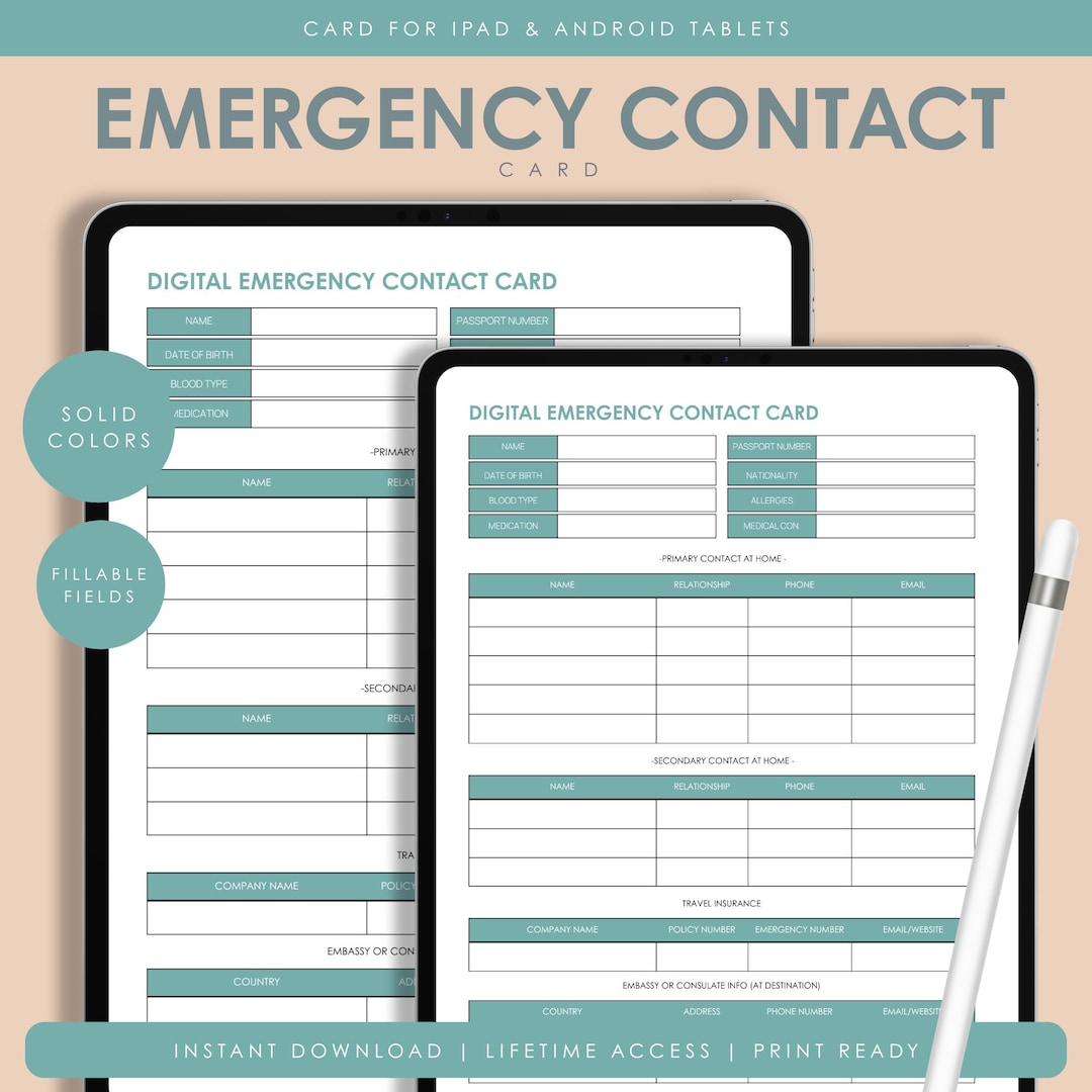 Minimalist Emergency Contact Card Template: Fillable PDF - Etsy