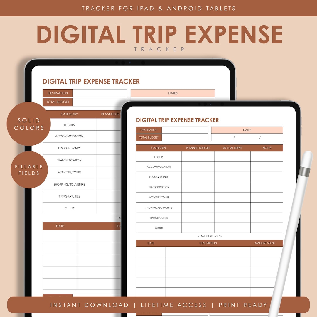 Digital Trip Expense Tracker Fillable PDF | Minimalist Travel Budget ...