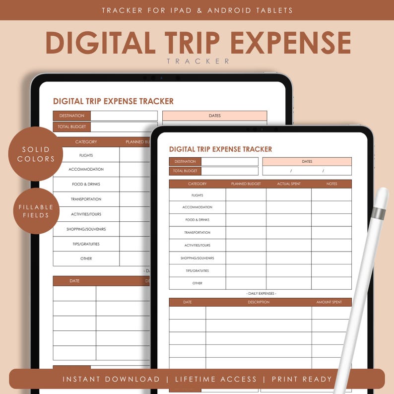 Digital Trip Expense Tracker Fillable PDF | Minimalist Travel Budget ...