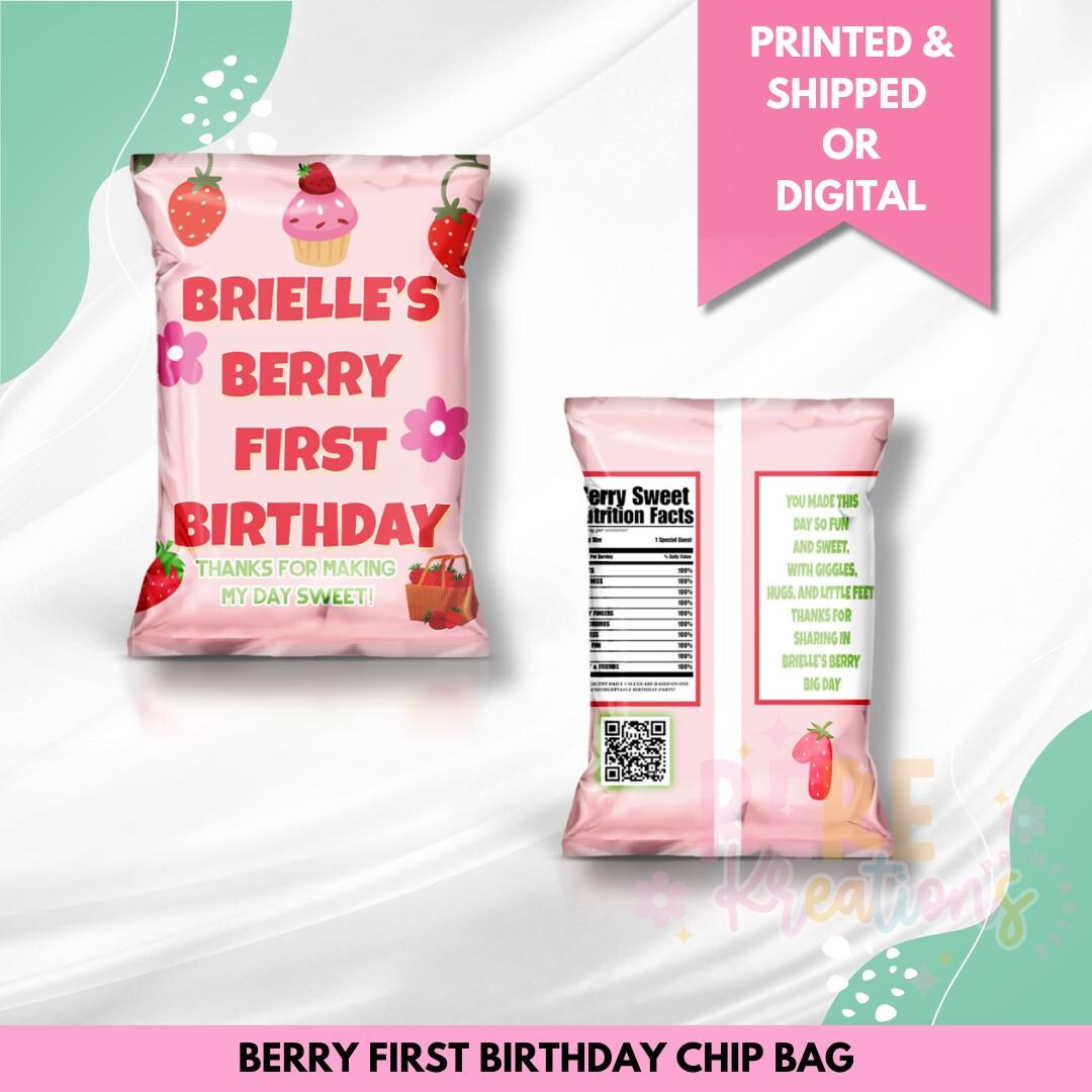 Berry First Birthday Chip Bag: Strawberry Party Favor (printable or ...