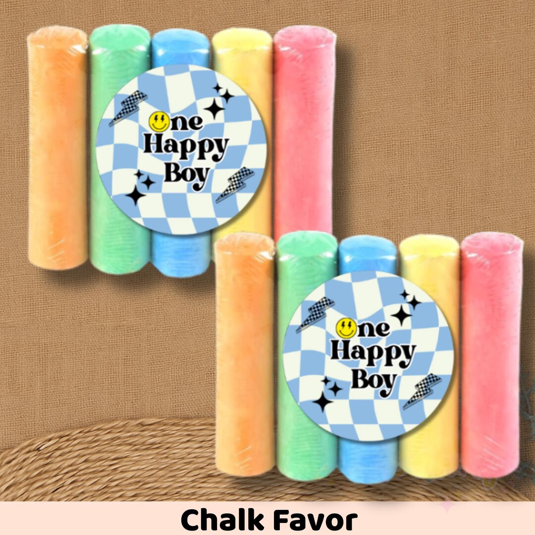 Retro Smiley Face Chalk Party Favors: Blue Checkerboard, One Happy Boy ...