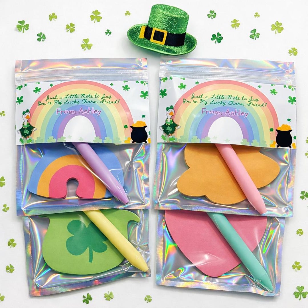 St Patrick’s Day Rainbow Notepad Favor With Pen, Lucky Charm Classroom ...