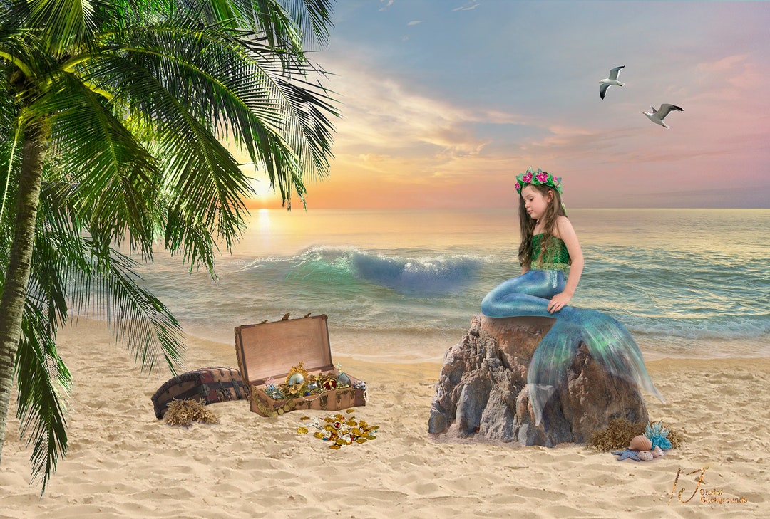 Mermaid Beach Scenes: Digital Background Set With Rock, Treasure Chest ...