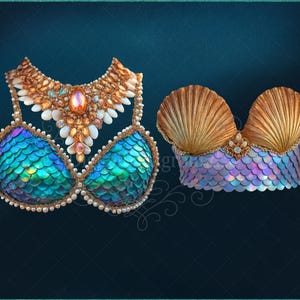 Mermaid Top PNG Overlays for Studio Photography, Fantasy Shell and Scale Bras for Photo ...