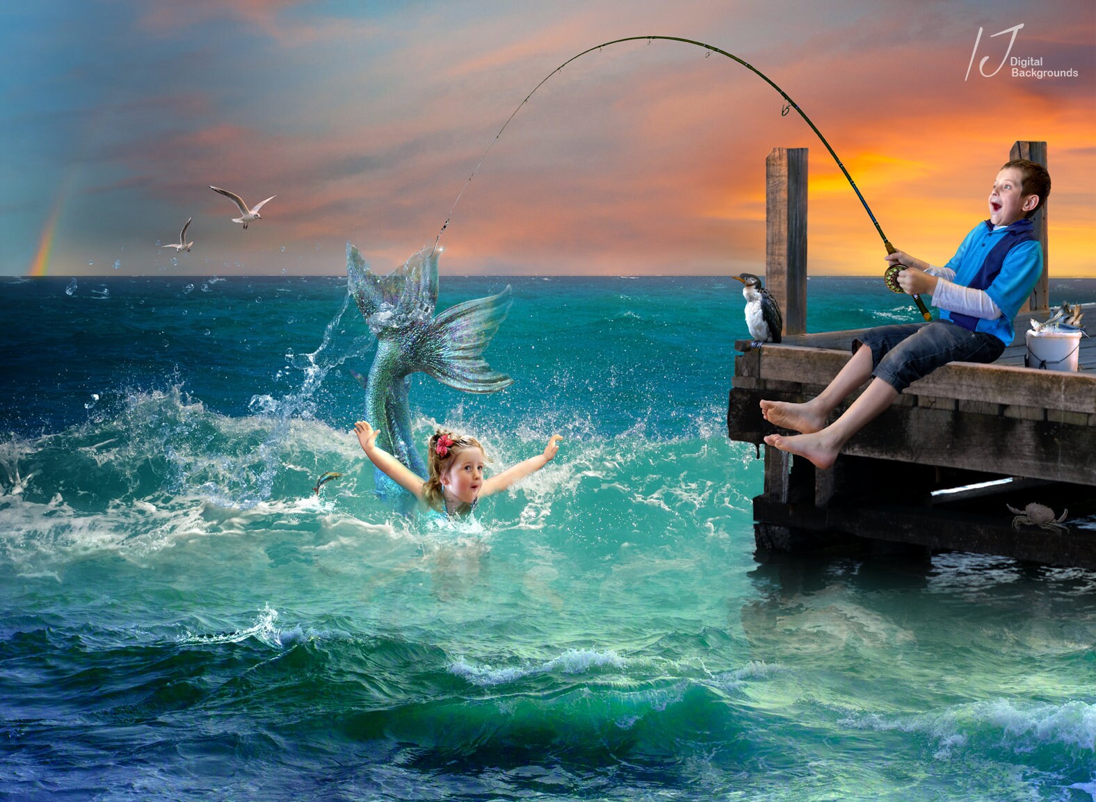 Sea Jetty Background With Overlays, a Mermaid Tail, Fishing Rod, Waves ...
