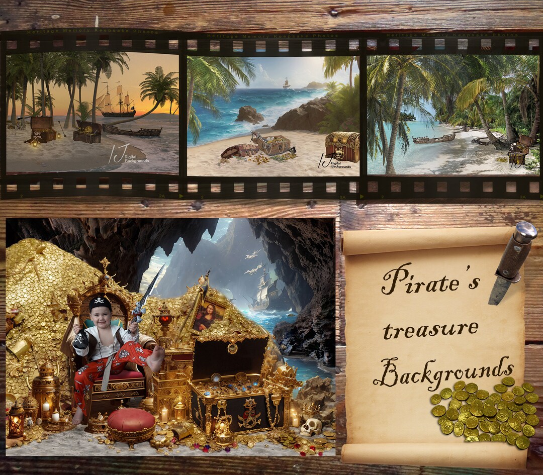 Pirate's Treasure Backgrounds, Tropical Beach, Digital Backdrop for ...