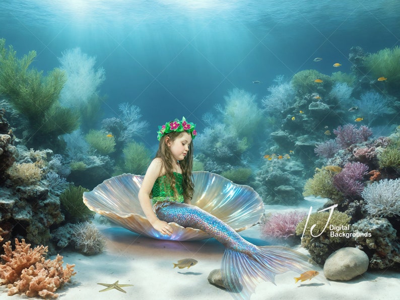 Mermaid's Underwater Clamshell Digital Background and Mermaid Tail for ...