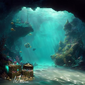 Digital Mermaid Backgrounds: Underwater Scenes, Treasure Chest, Island ...