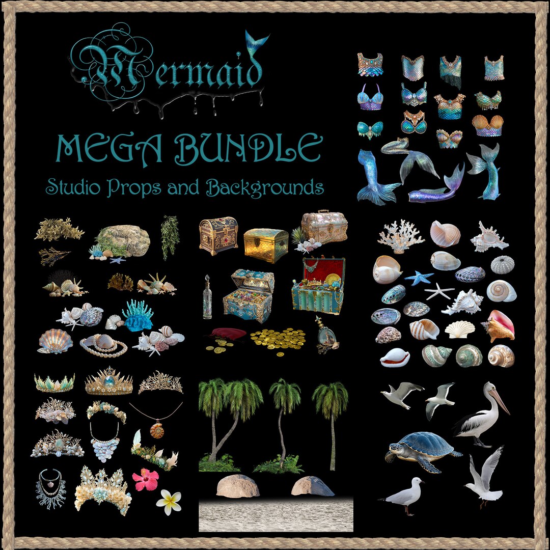 Mermaid Beach Props Bonus Mega Bundle, Digital Overlays and Studio ...