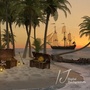 Pirates Treasure Island Background, Pirate Ship and Buried Treasure ...