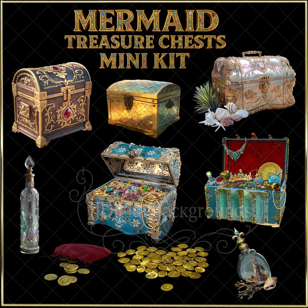 Mermaid Treasure Chest Pngs, Fantasy Props, Gold Coins, Potion Bottles ...