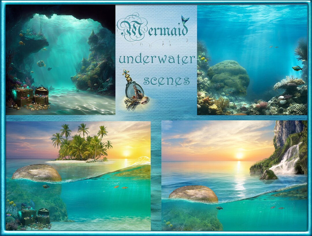 Digital Mermaid Backgrounds: Underwater Scenes, Treasure Chest, Island ...