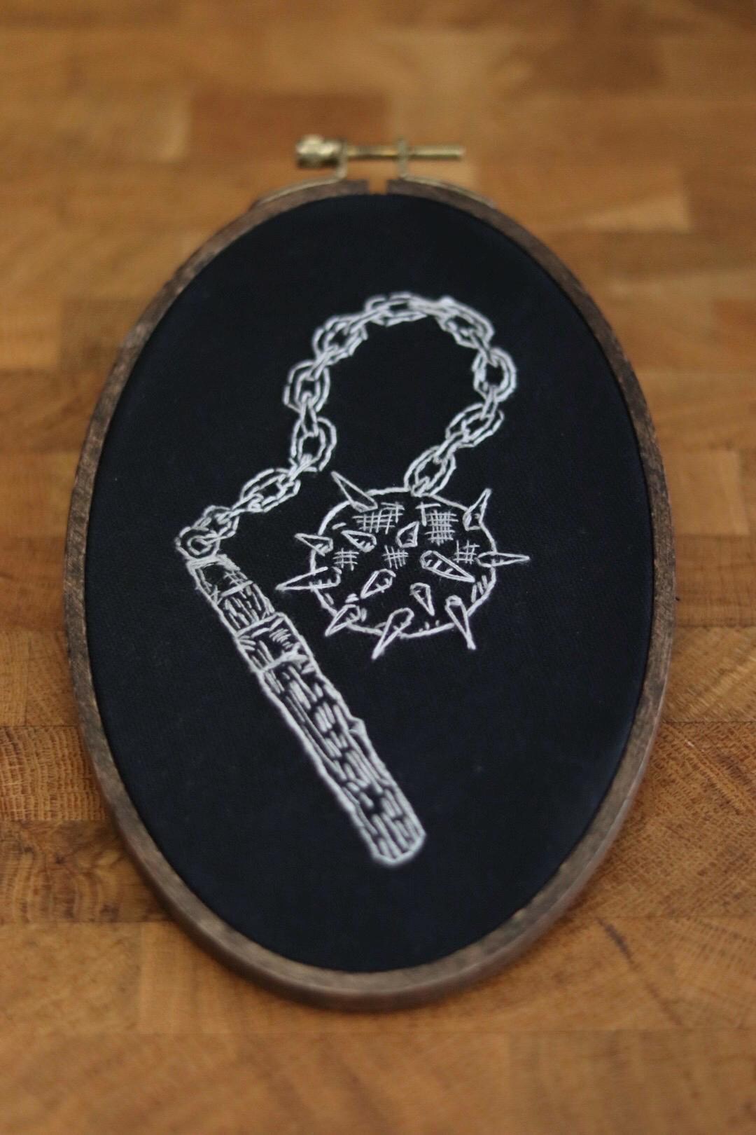 Embroidered Flail – Gothic Weapon Wall Art on Black Fabric, Hand ...