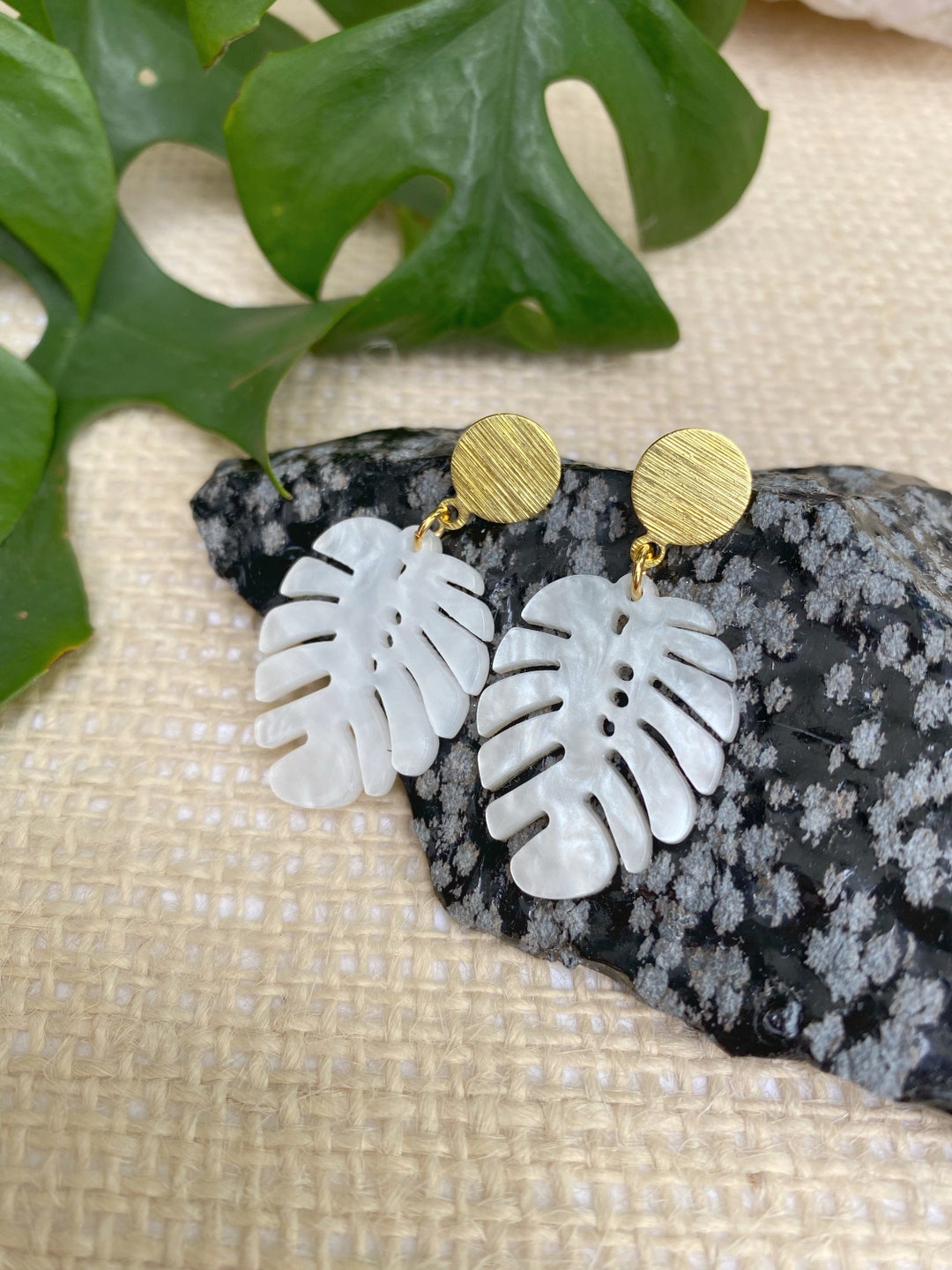 White Monstera Leaf Earrings | Plant Mom Earrings | Dangle Plant ...