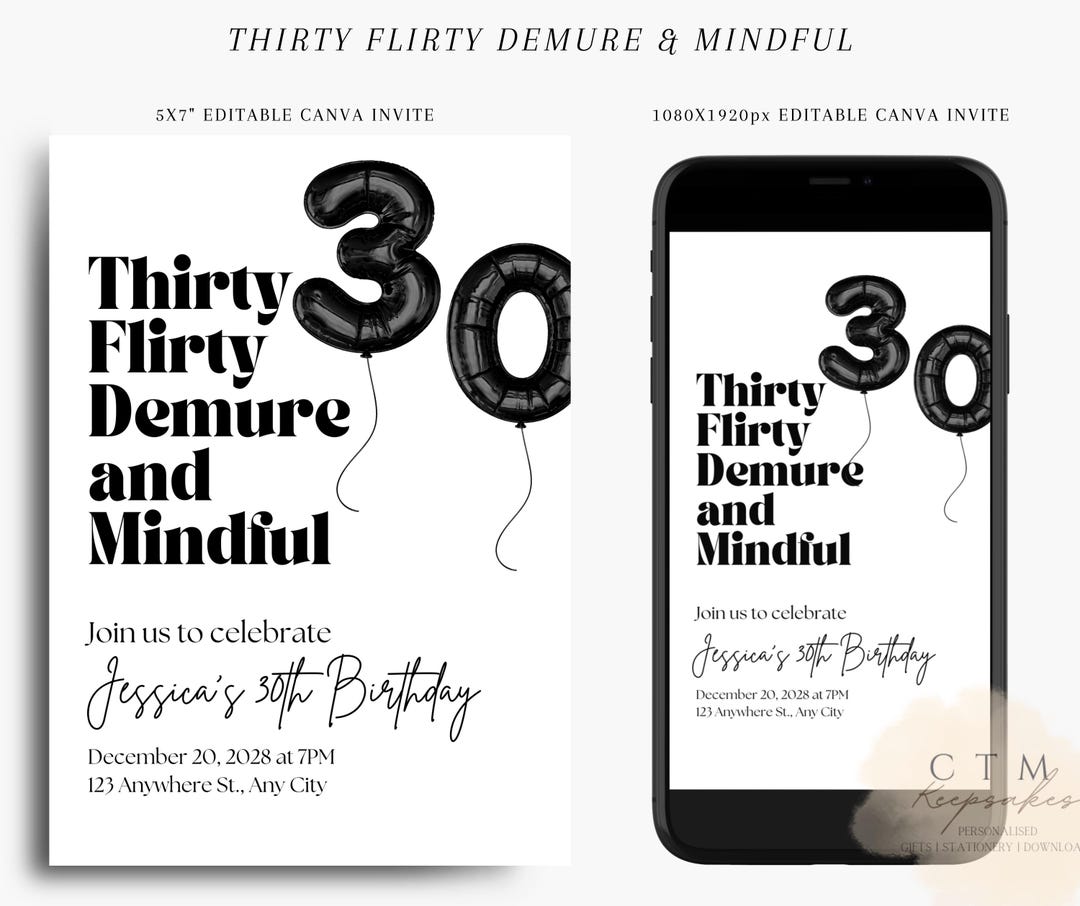 30th Birthday Invitation Template | Black & White Theme | Balloons ...