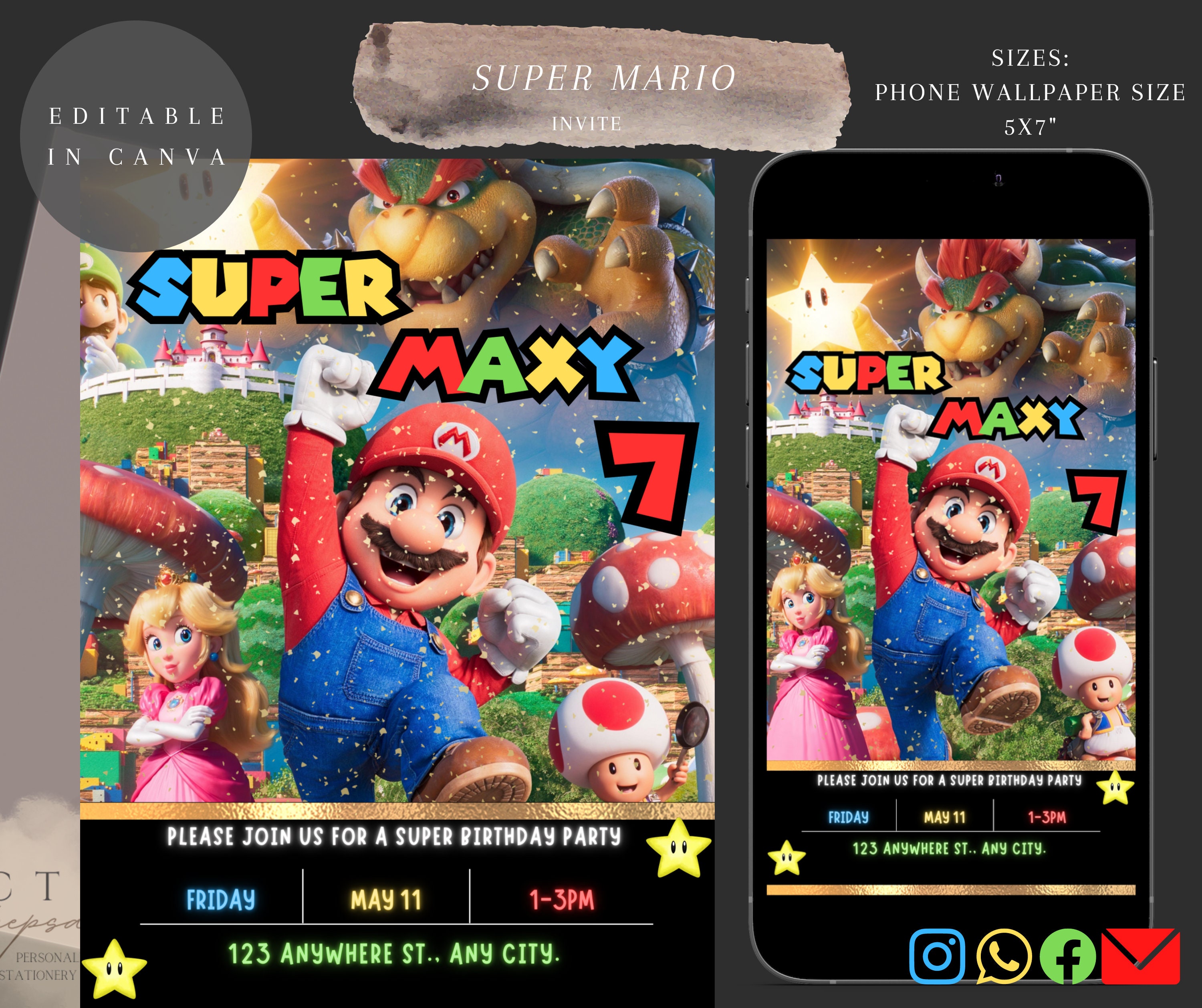 SUPER MARIO BROS Movie Birthday Invite | Editable Invitation | Kids ...