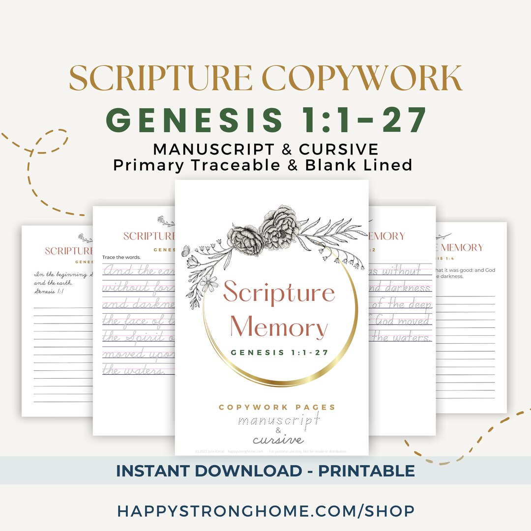Genesis 1 Scripture Copywork Printable – Cursive & Print Handwriting ...