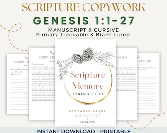 Genesis 1 Scripture Copywork Printable – Cursive & Print Handwriting ...