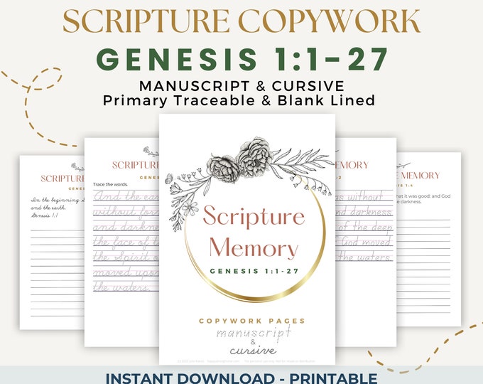 Genesis 1 Scripture Copywork Printable – Cursive & Print Handwriting ...