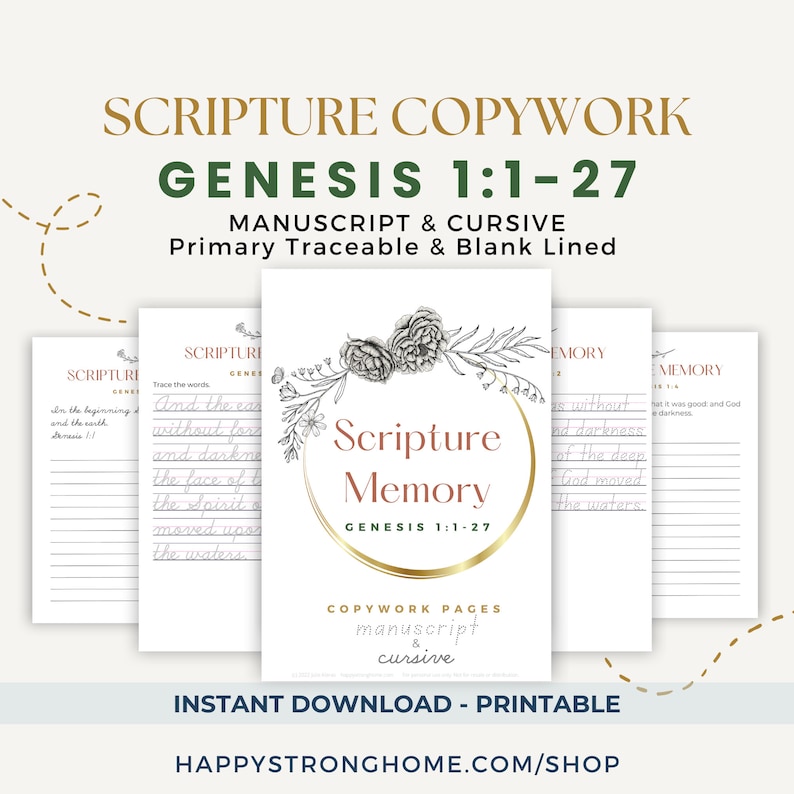 Genesis 1 Scripture Copywork Printable – Cursive & Print Handwriting ...